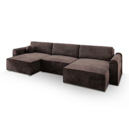 WOHNLANDSCHAFT FENTO M Braun Velours-Stoff mit Schlaffunktion