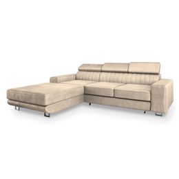 ECKSOFA NOTO L-S Creme Velours-Stoff mit Schlaffunktion