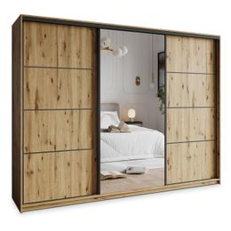 SCHWEBET&Uuml;RENSCHRANK VARO 250/205/60 cm 3-t&uuml;rig mit Spiegel und Schubladen Eiche Artisan