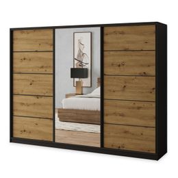 SCHWEBET&Uuml;RENSCHRANK NATA 235/205/58 cm 3-t&uuml;rig mit Spiegel und Schubladen Schwarz / Eiche Artisan