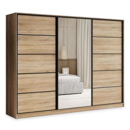 SCHWEBET&Uuml;RENSCHRANK PINA 270/205/58 cm 3-t&uuml;rig mit Spiegel und 4 Schubladen Sonoma Eiche