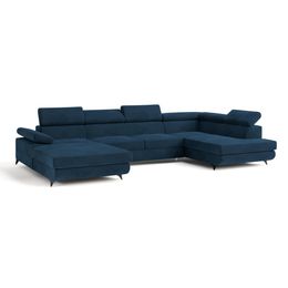 WOHNLANDSCHAFT RUBANO R-S Blau Velours-Stoff mit Schlaffunktion