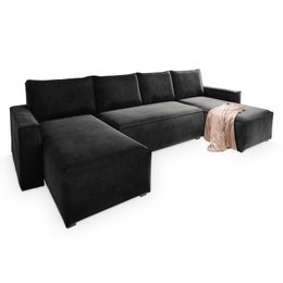 WOHNLANDSCHAFT DENI Schwarz Velours-Stoff mit Schlaffunktion