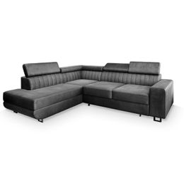 ECKSOFA NOLA L-S Grau Velours-Stoff mit Schlaffunktion