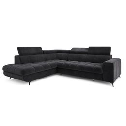 ECKSOFA MORIVA L-S Schwarz Velours-Stoff mit Schlaffunktion