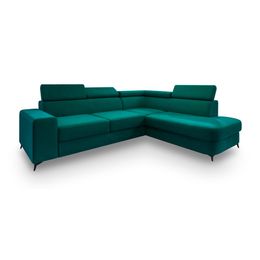 ECKSOFA ALVORO R-S Blau Velours-Stoff mit Schlaffunktion