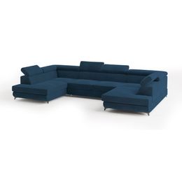 WOHNLANDSCHAFT VINTESSA Blau Velours-Stoff mit Schlaffunktion