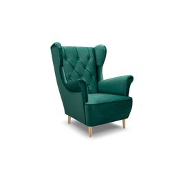 SESSEL TIBER, Polstersessel Glamour Loungesessel, Velours-Stoff Gr&uuml;n