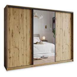 SCHWEBET&Uuml;RENSCHRANK TAVI 270/205/60 cm 3-t&uuml;rig mit Spiegel Eiche Artisan