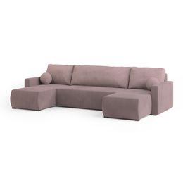WOHNLANDSCHAFT TESSUN Rosa Pl&uuml;sch-Stoff mit Schlaffunktion