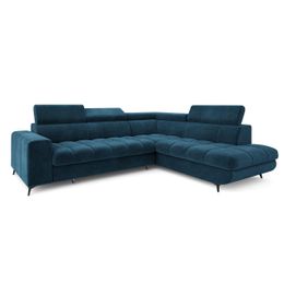 ECKSOFA MORIVA R-S Blau Velours-Stoff mit Schlaffunktion