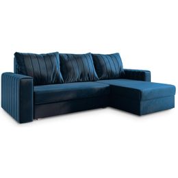 ECKSOFA CARL Blau Pl&uuml;sch-Stoff mit Schlaffunktion