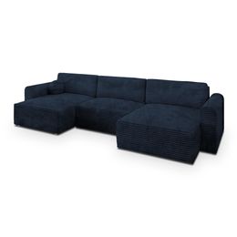 WOHNLANDSCHAFT FENTO Blau Kordstoff mit Schlaffunktion