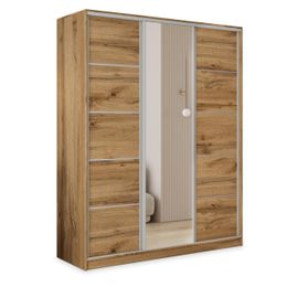 SCHWEBET&Uuml;RENSCHRANK PINA 160/205/58 cm 3-t&uuml;rig mit Spiegel und 4 Schubladen Eiche Wotan