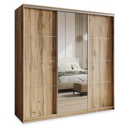 SCHWEBET&Uuml;RENSCHRANK VARO 200/205/60 cm 3-t&uuml;rig mit Spiegel Eiche Wotan