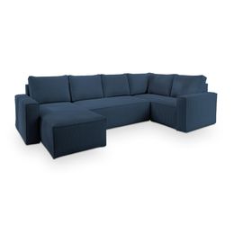 WOHNLANDSCHAFT NORENA R-S Blau Kordstoff mit Schlaffunktion