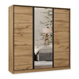 SCHWEBET&Uuml;RENSCHRANK TARI 180/205/58 cm 3-t&uuml;rig mit Spiegel und Schubladen Eiche Wotan