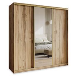 SCHWEBET&Uuml;RENSCHRANK TAVI 180/205/60 cm 3-t&uuml;rig mit Spiegel und Schubladen Eiche Wotan