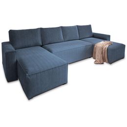 WOHNLANDSCHAFT ASPRA Blau Kordstoff mit Schlaffunktion