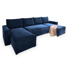 WOHNLANDSCHAFT DENI Blau Velours-Stoff mit Schlaffunktion