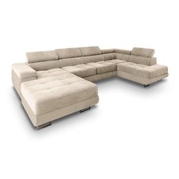 WOHNLANDSCHAFT CASONE R-S Creme Velours-Stoff mit Schlaffunktion