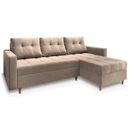 ECKSOFA MILO L Beige Pl&uuml;sch-Stoff mit Schlaffunktion