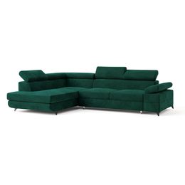 ECKSOFA FAVIEN L-S Gr&uuml;n Velours-Stoff mit Schlaffunktion