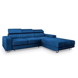 ECKSOFA NOTO R-S Blau Velours-Stoff mit Schlaffunktion