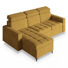 ECKSOFA KAME Gelb Pl&uuml;sch-Stoff mit Schlaffunktion