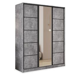 SCHWEBET&Uuml;RENSCHRANK PINA 160/205/58 cm 3-t&uuml;rig mit Spiegel und 4 Schubladen Titanfarben