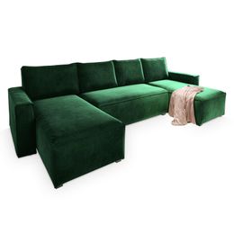 WOHNLANDSCHAFT DENI Gr&uuml;n Velours-Stoff mit Schlaffunktion