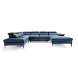 WOHNLANDSCHAFT MESTO Blau Velours-Stoff mit Schlaffunktion