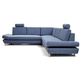 ECKSOFA CASA III L-S Blau Pl&uuml;sch-Stoff mit Schlaffunktion