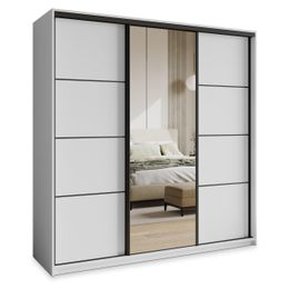 SCHWEBET&Uuml;RENSCHRANK VARO 180/205/60 cm 3-t&uuml;rig mit Spiegel und Schubladen Wei&szlig;