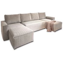 WOHNLANDSCHAFT ASPRA Creme Kordstoff mit Schlaffunktion
