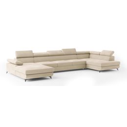 WOHNLANDSCHAFT MONTIVA Creme Velours-Stoff mit Schlaffunktion