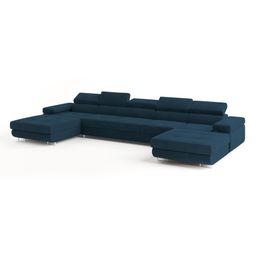 WOHNLANDSCHAFT OMBRA Blau Velours-Stoff mit Schlaffunktion