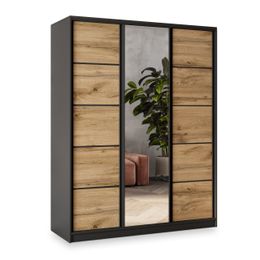 SCHWEBET&Uuml;RENSCHRANK NATA 150/205/58 cm 3-t&uuml;rig mit Spiegel und Schubladen Schwarz / Eiche Wotan
