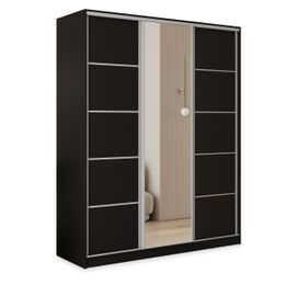 SCHWEBET&Uuml;RENSCHRANK PINA 160/205/58 cm 3-t&uuml;rig mit Spiegel und 4 Schubladen Schwarz