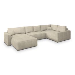 WOHNLANDSCHAFT VELAMI R-S Creme Kordstoff mit Schlaffunktion