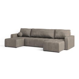 WOHNLANDSCHAFT TOLARI Beige Pl&uuml;sch-Stoff mit Schlaffunktion