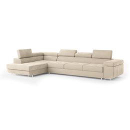 ECKSOFA VICENTE Creme Velours-Stoff mit Schlaffunktion