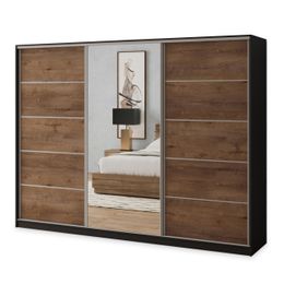 SCHWEBET&Uuml;RENSCHRANK NATA 270/205/58 cm 3-t&uuml;rig mit Spiegel und 4 Schubladen Schwarz