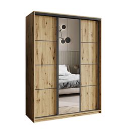 SCHWEBET&Uuml;RENSCHRANK VARO 150/205/60 cm 3-t&uuml;rig mit Spiegel Eiche Artisan