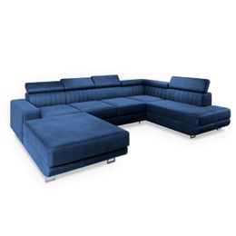 WOHNLANDSCHAFT SIENA R-S Blau Velours-Stoff mit Schlaffunktion