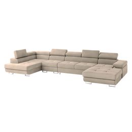WOHNLANDSCHAFT VELORA L-S Creme Velours-Stoff mit Schlaffunktion