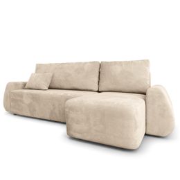ECKSOFA GALVIS Creme Velours-Stoff mit Schlaffunktion