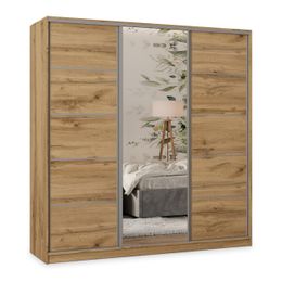 SCHWEBET&Uuml;RENSCHRANK PINA 180/205/58 cm 3-t&uuml;rig mit Spiegel und Schubladen Eiche Wotan