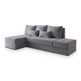 ECKSOFA NORVI Grau Pl&uuml;sch-Stoff mit Schlaffunktion