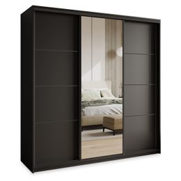SCHWEBET&Uuml;RENSCHRANK VARO 180/205/60 cm 3-t&uuml;rig mit Spiegel und Schubladen Schwarz